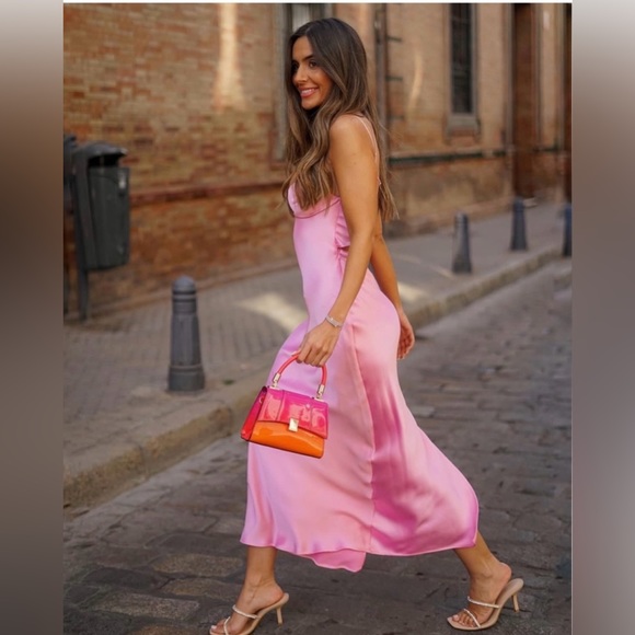 Zara | Dresses | Zara Pink Satin Effecy Cut Out Dress Viral Tiktok ...